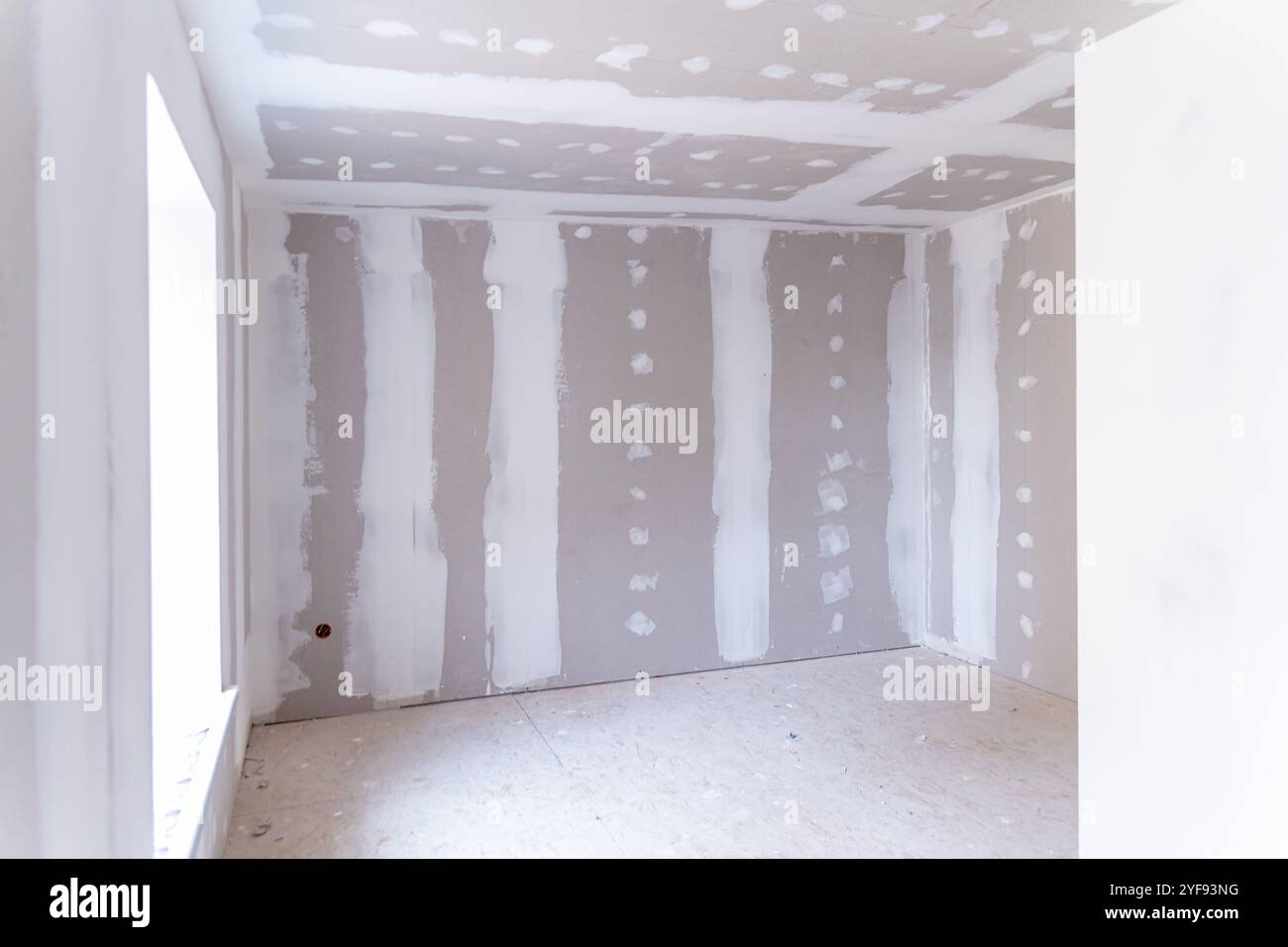 Interior of a house under renovation with drywall installation and ...