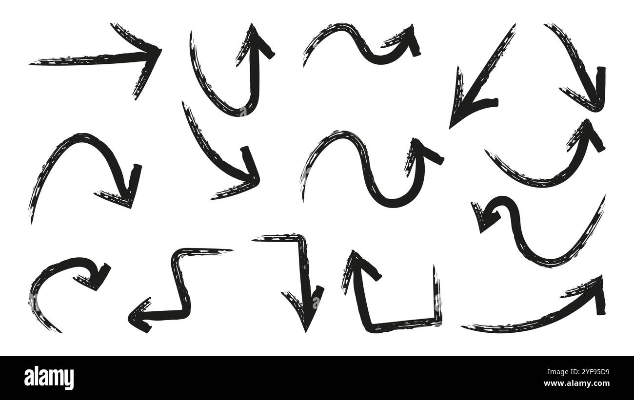 Arrows drawn with brushes for infographic design. Straight curved ...