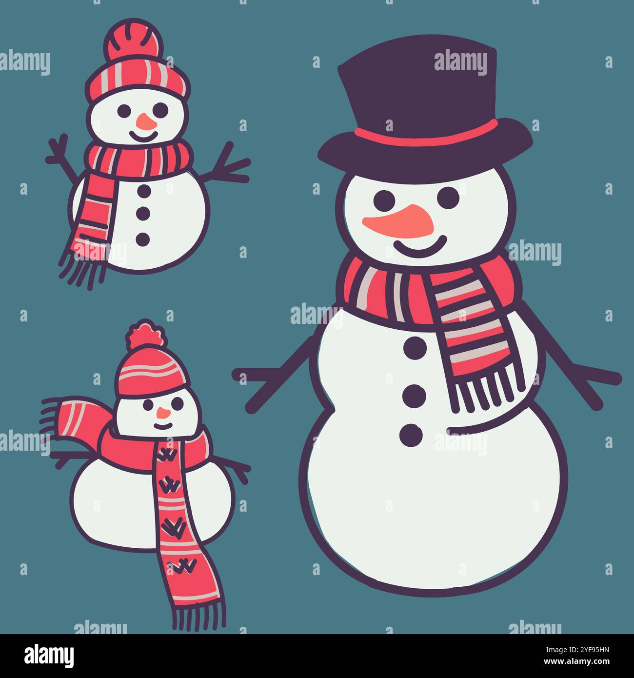 Three snowmen wearing red scarves and hats. The snowmen are smiling and ...