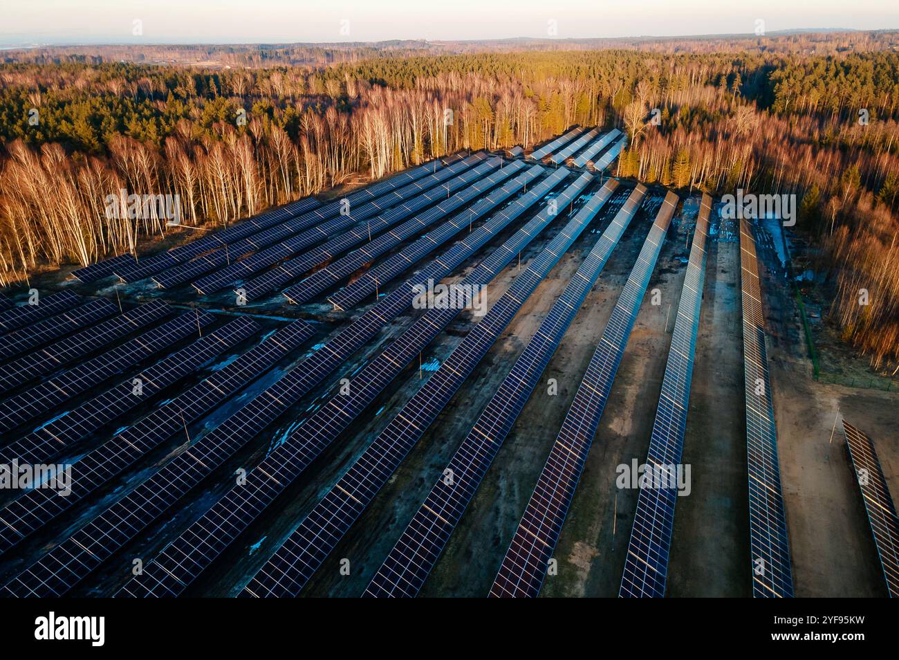 Aerial view of a large solar farm at sunset with rows of photovoltaic ...