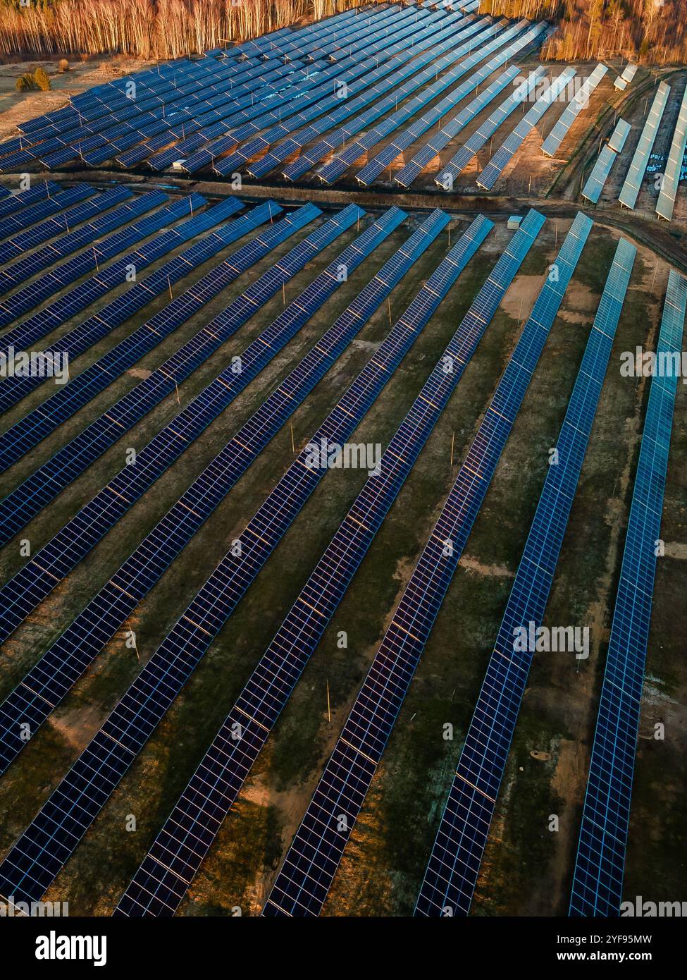 Aerial view of a large solar farm at sunset with rows of photovoltaic ...