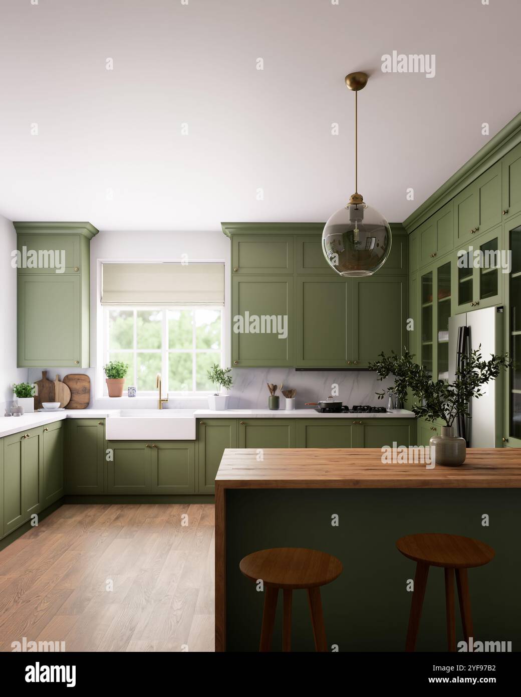 A modern green kitchen that beautifully incorporates natural elements ...