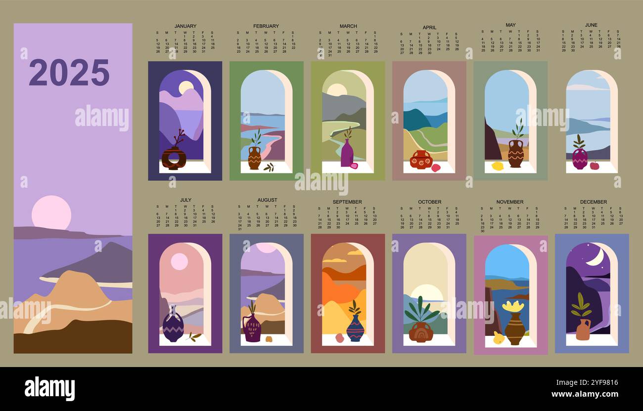 Monthly 2025 Calendar flat boho window landscape still life natural ...