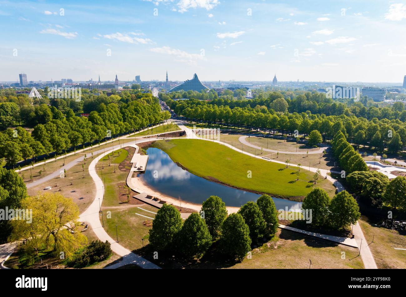 New redesigned Victory park in Riga, Latvia with a pond and pedestrian ...