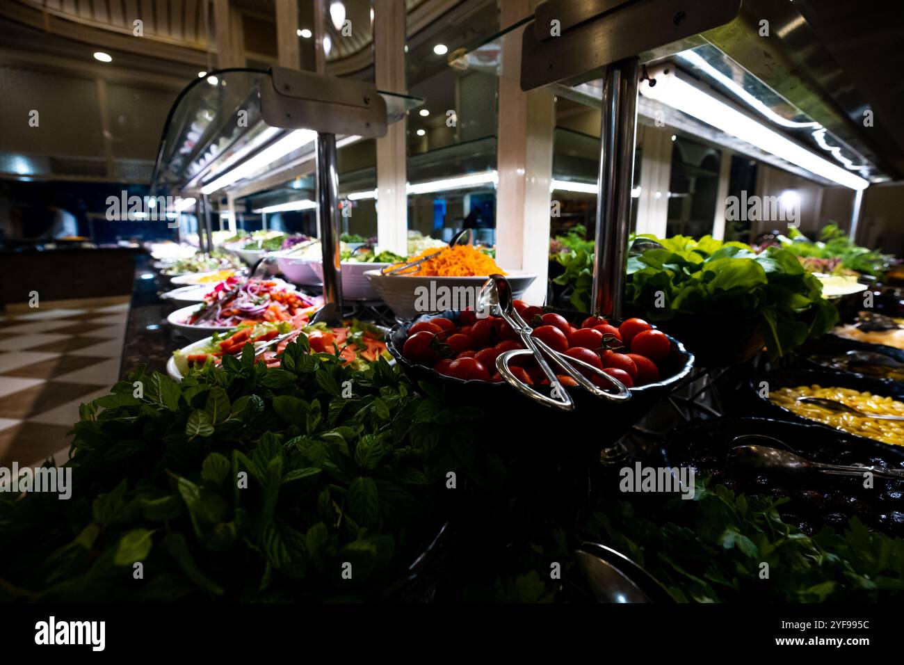 A luxury hotel setting with trays of fresh vegetables and various ...