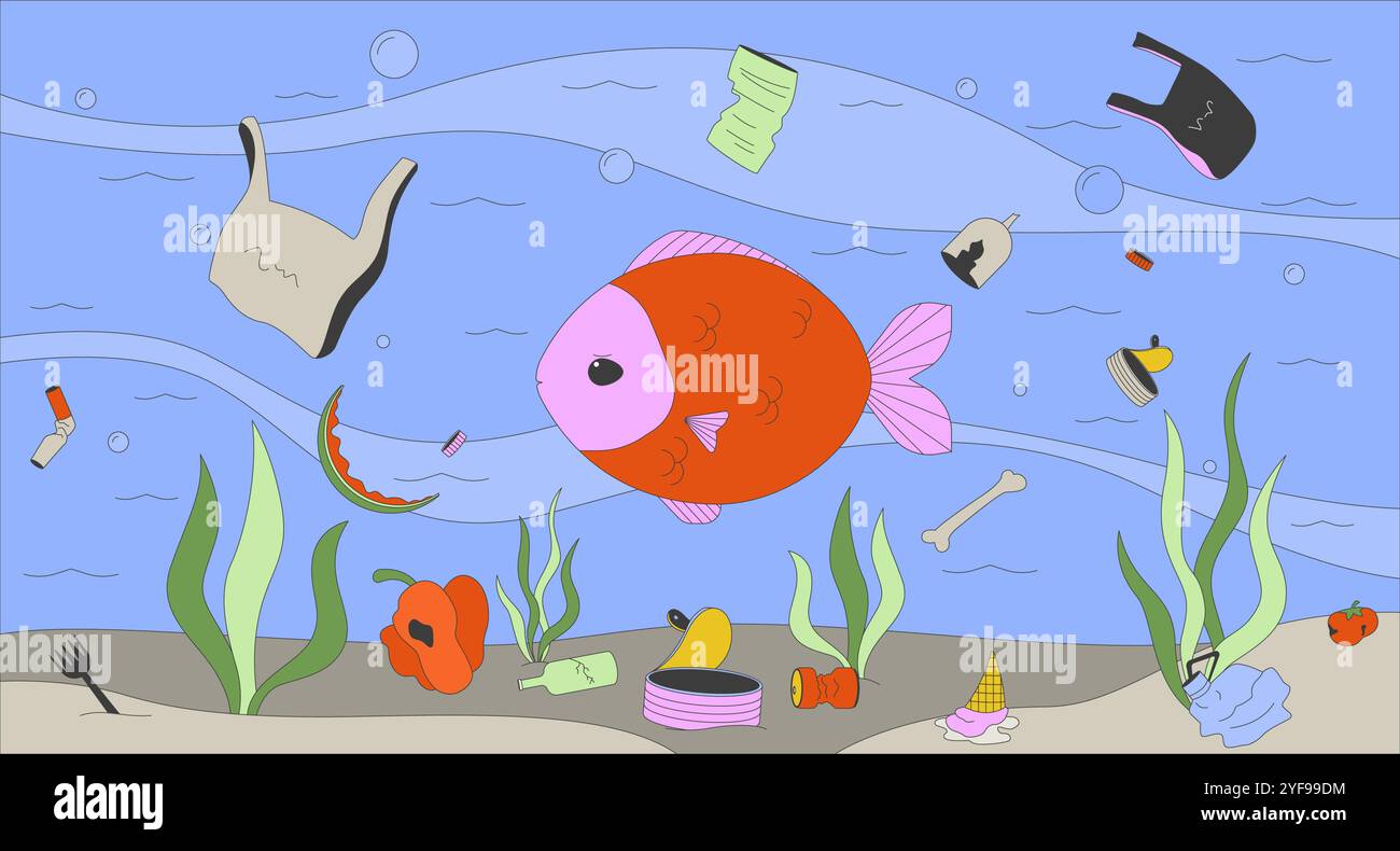 Underwater trash with fish floating flat illustration Stock Vector ...