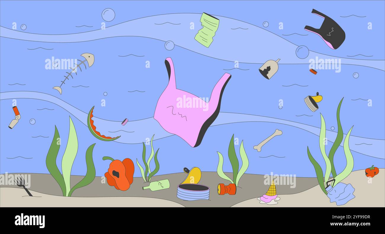 Marine litter floating underwater ocean flat illustration Stock Vector ...