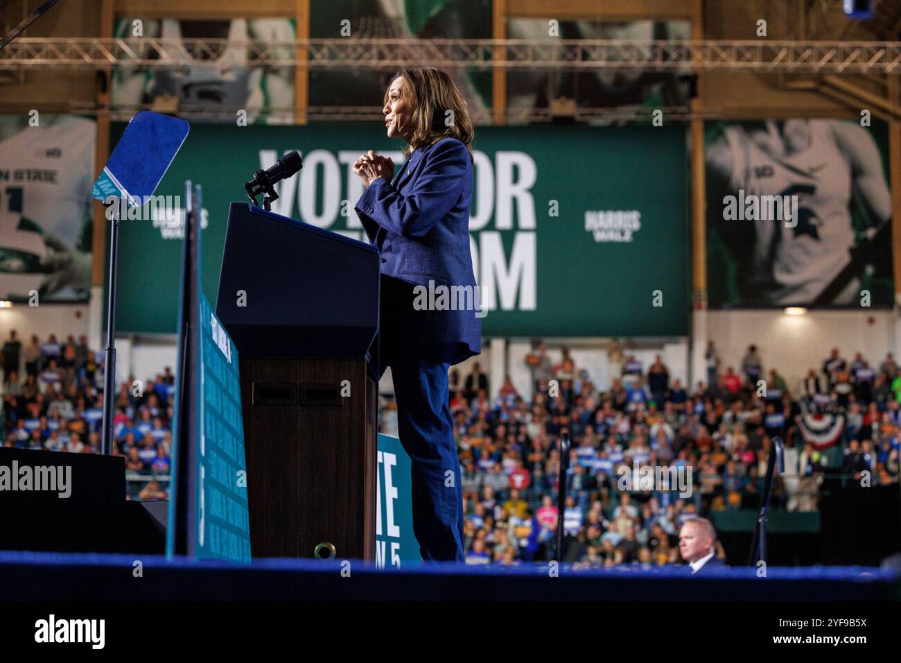 Vice President Kamala Harris speaks at a rally in East Lansing, Mich ...