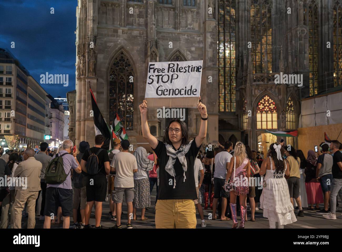 VIENNA, AUSTRIA - AUGUST 10, 2024: Protester holds Free Palestine sign ...