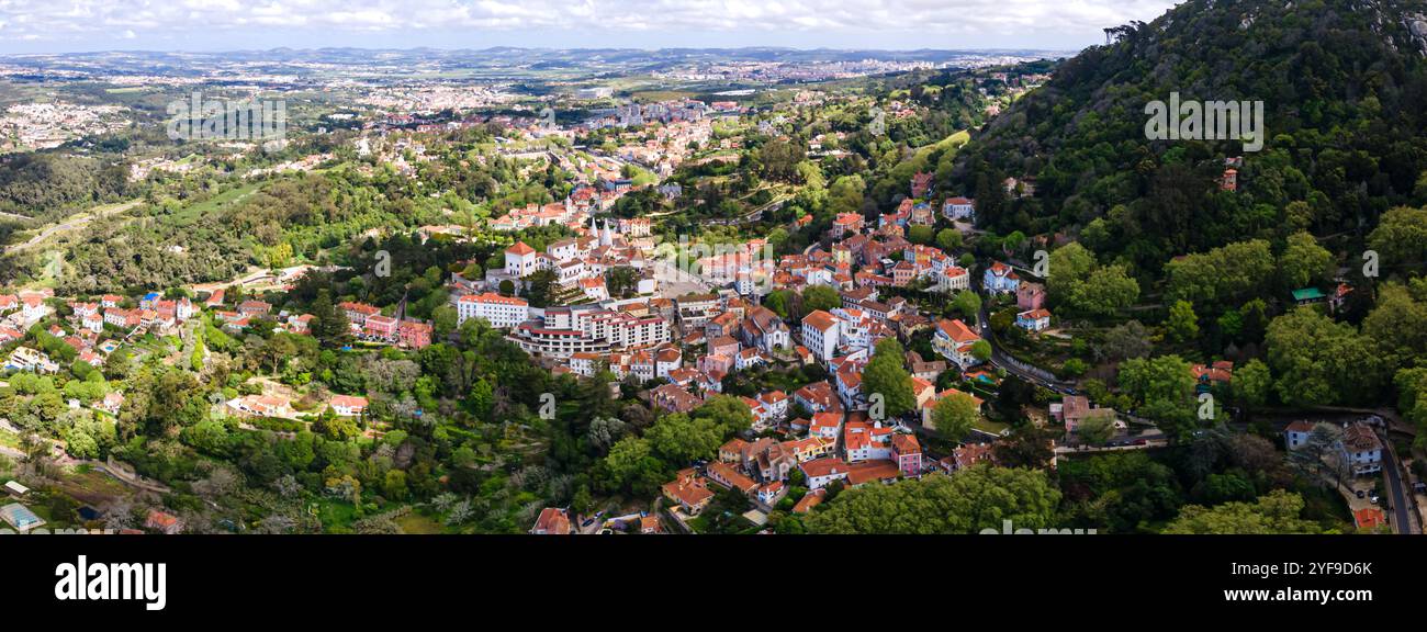 Aerial drone view of Sintra, Portugal old city at Sintra National ...