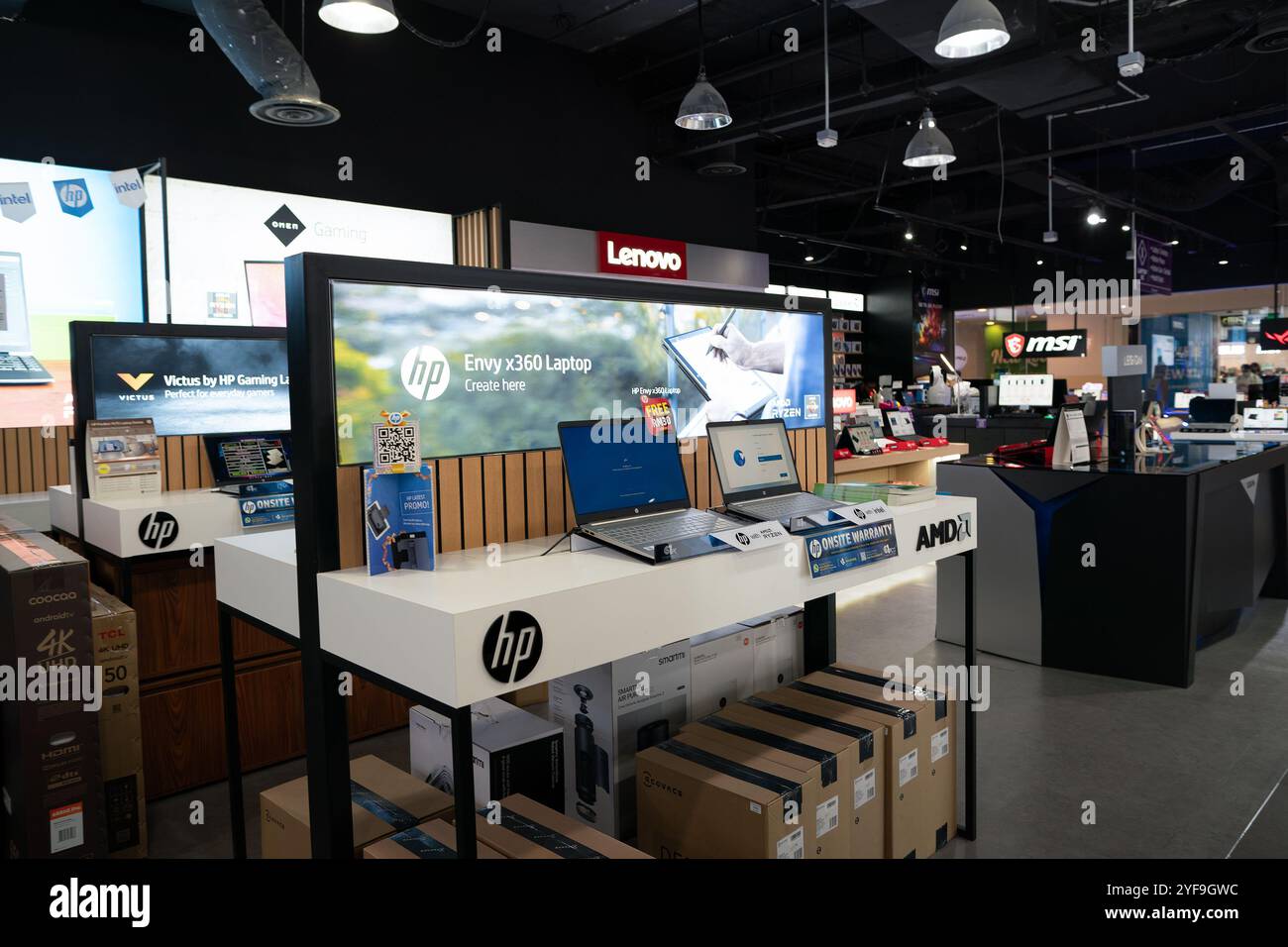 KUALA LUMPUR, MALAYSIA - MARCH 12, 2023: laptops on display inside Viewnet store at Plaza Low ...