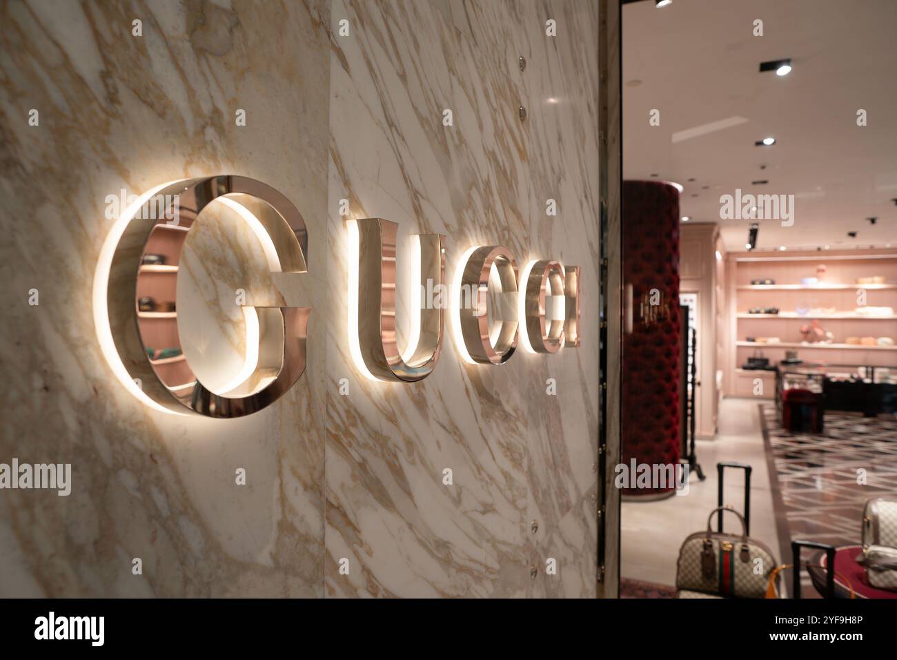 KUALA LUMPUR, MALAYSIA - MARCH 15, 2023: close up shot of Gucci sign as ...