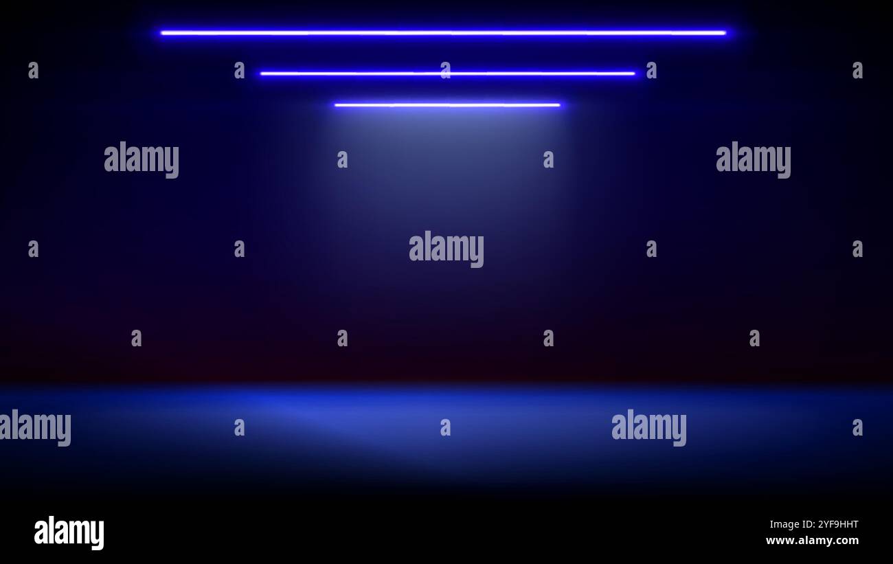 Studio interior, stage with neon, led lighting. Background. Modern blue ...