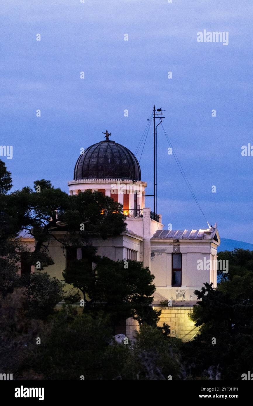 National Observatory at nightfall seen from the Ancient Agora of Athens ...
