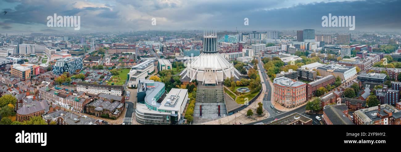 Aerial panorama of Liverpool Metropolitan cathedral contemporary city ...