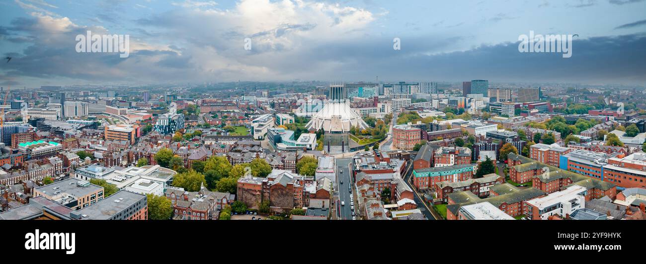 Aerial panorama of Liverpool Metropolitan cathedral contemporary city ...