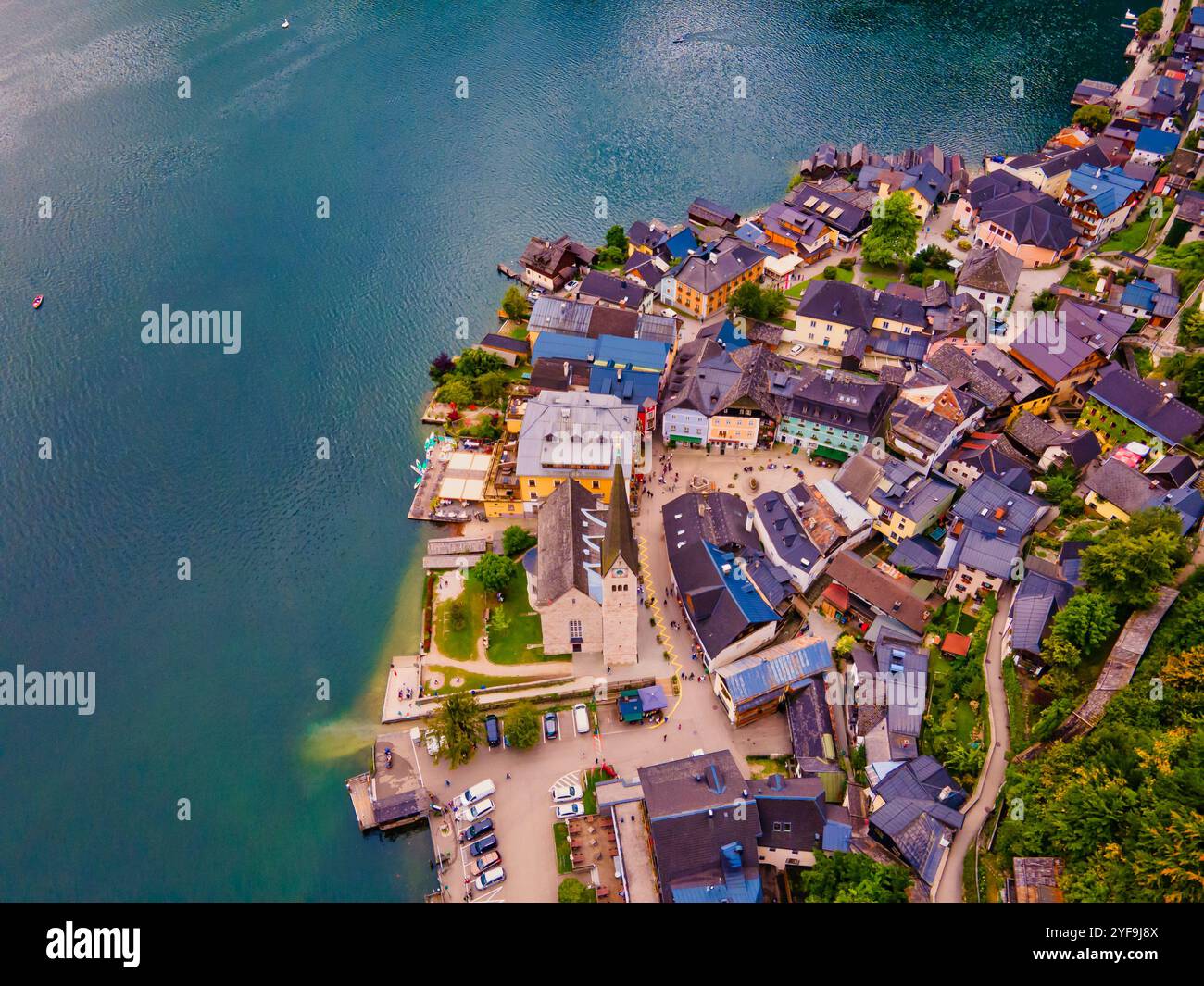 Beautiful mountain village Hallstatt in the Austrian Alps from above ...