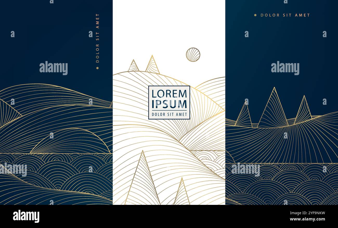 Vector set winter, christmas trees and hills line cards, gold luxury ...