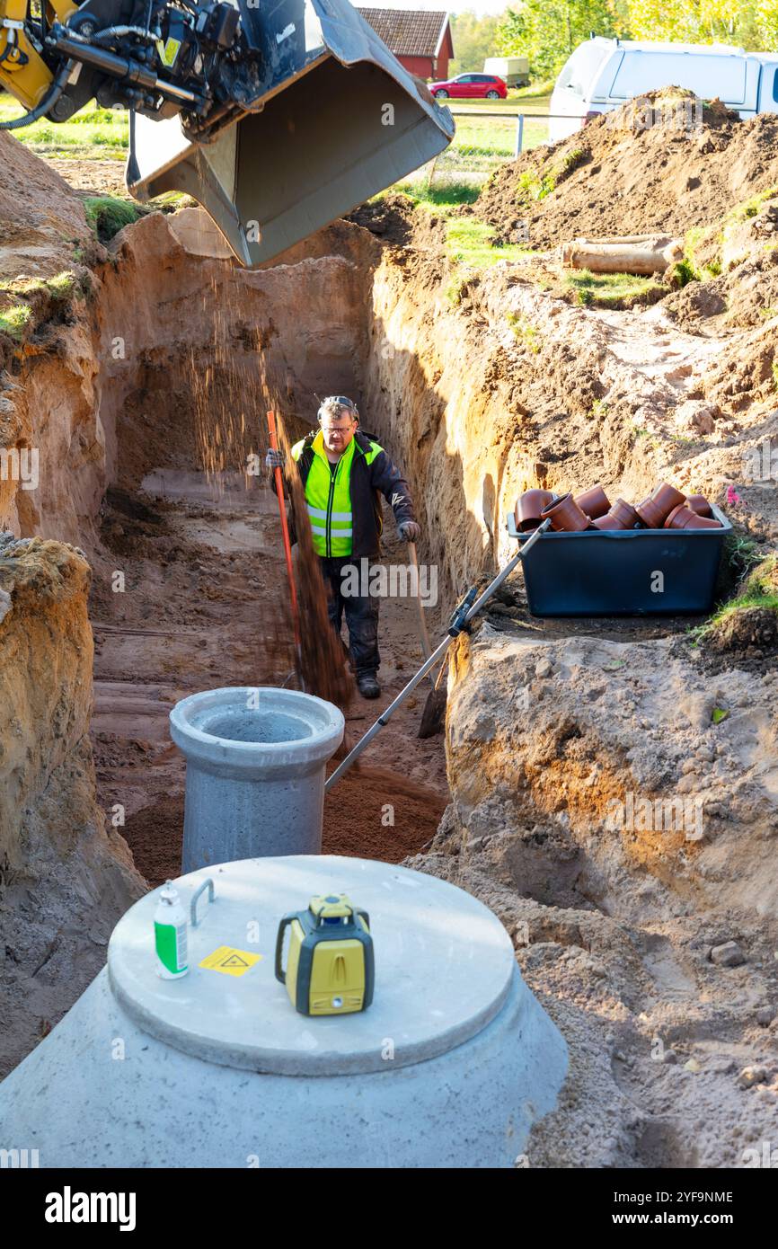 Construction worker standing while backhoe dumping dirt in trench at ...