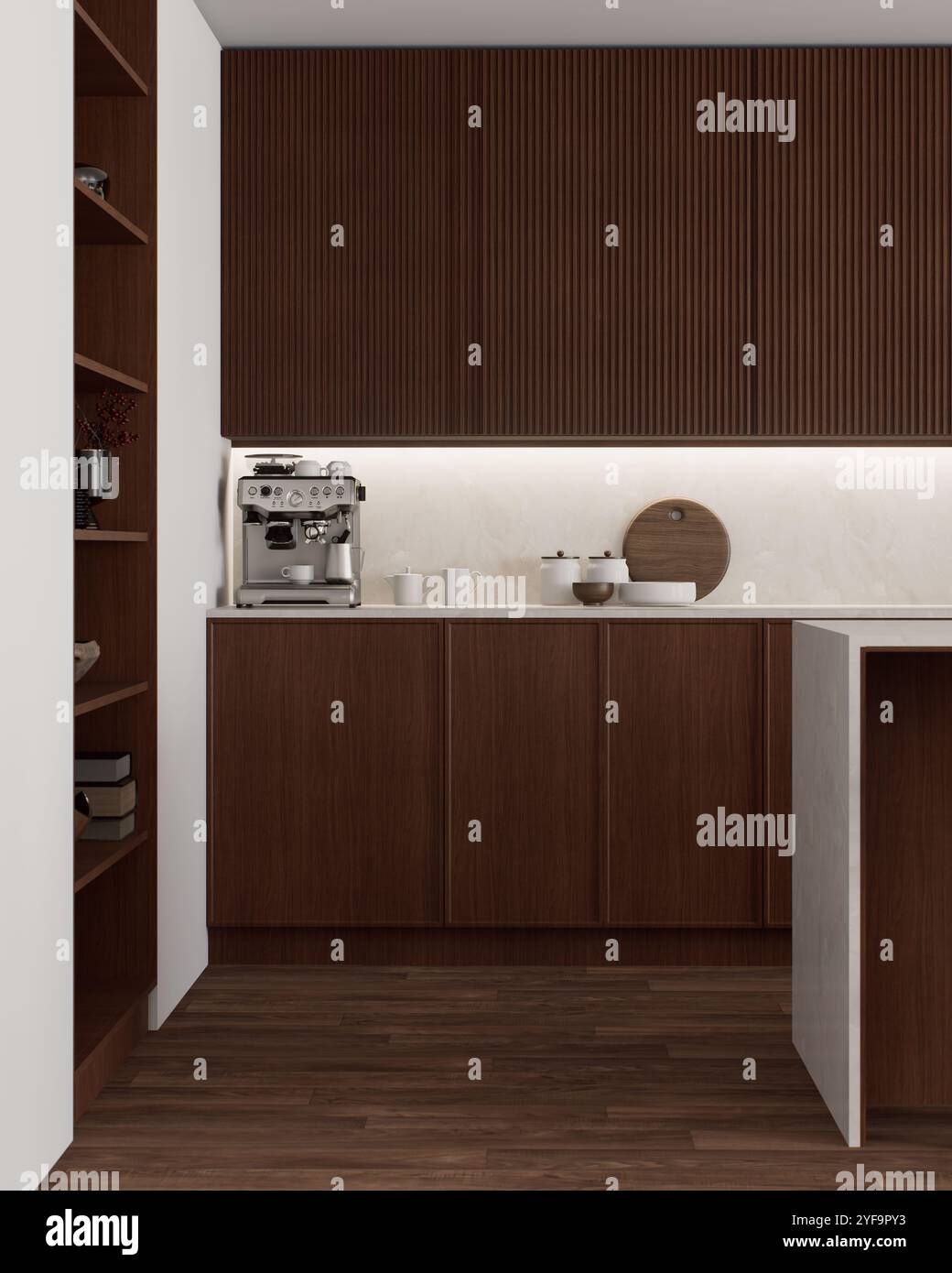 A modern minimalist kitchen with an espresso machine and elegant dark ...