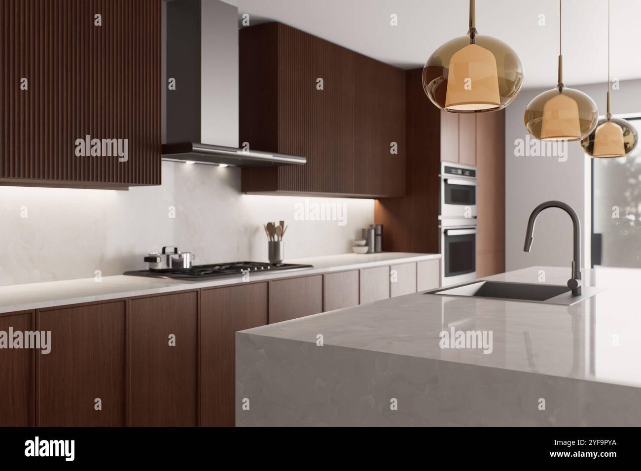 Modern kitchen design features elegant fixtures and quality finishes ...