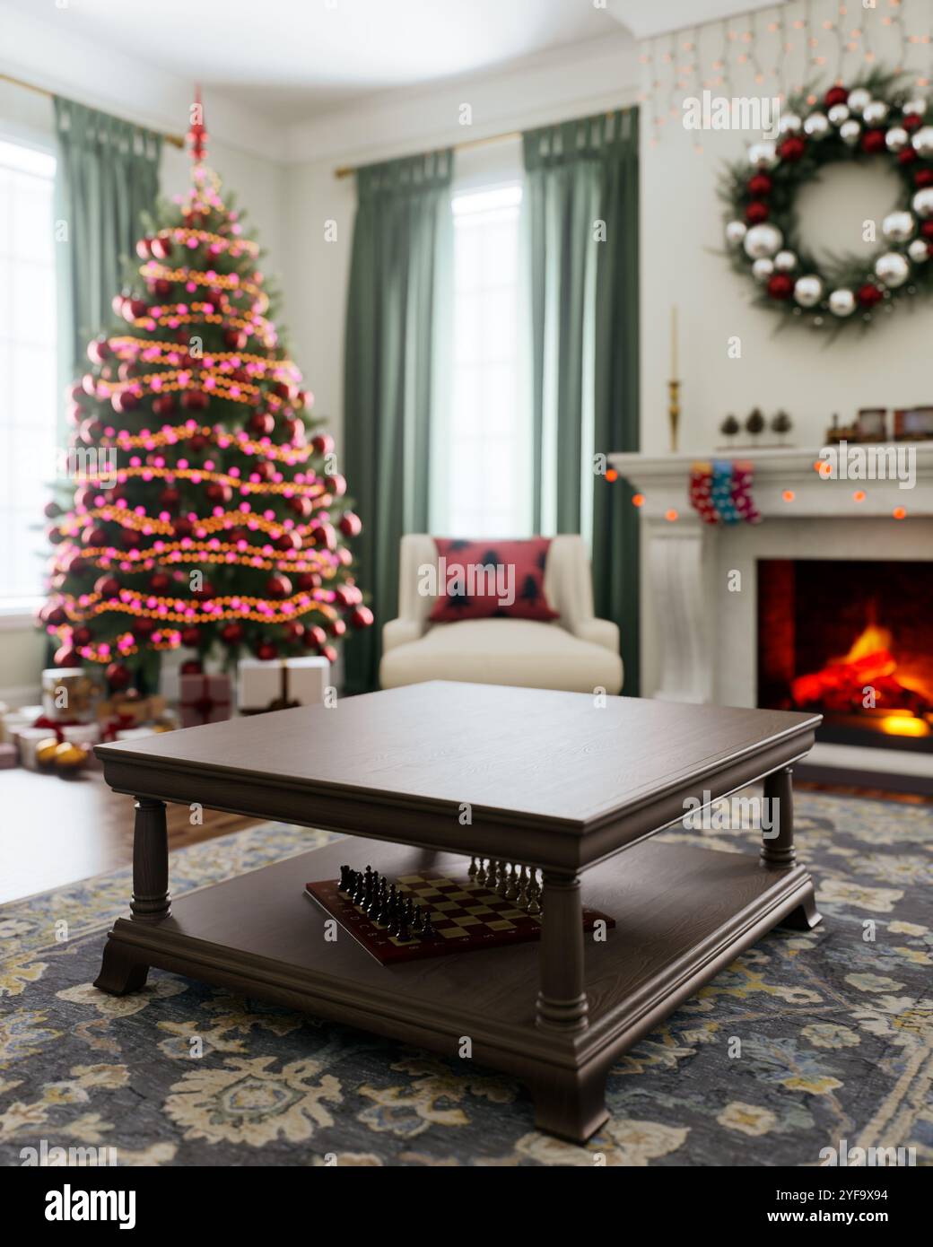 Cozy holiday living room with a beautifully decorated Christmas tree ...