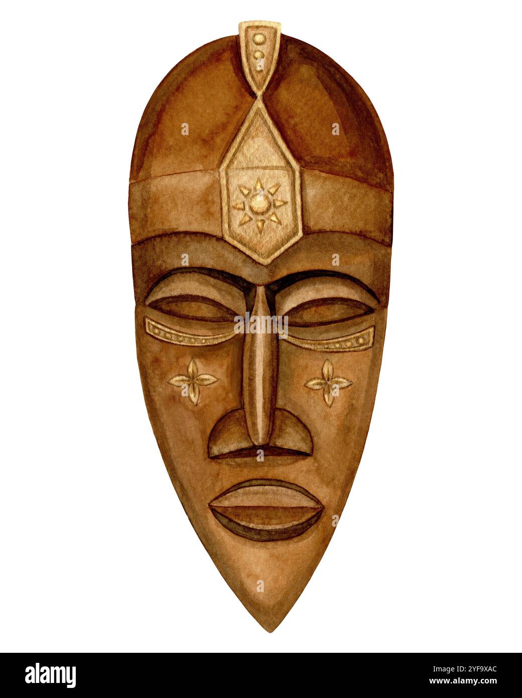 African wooden mask of male face with gold tribal ornament. Hand drawn ...