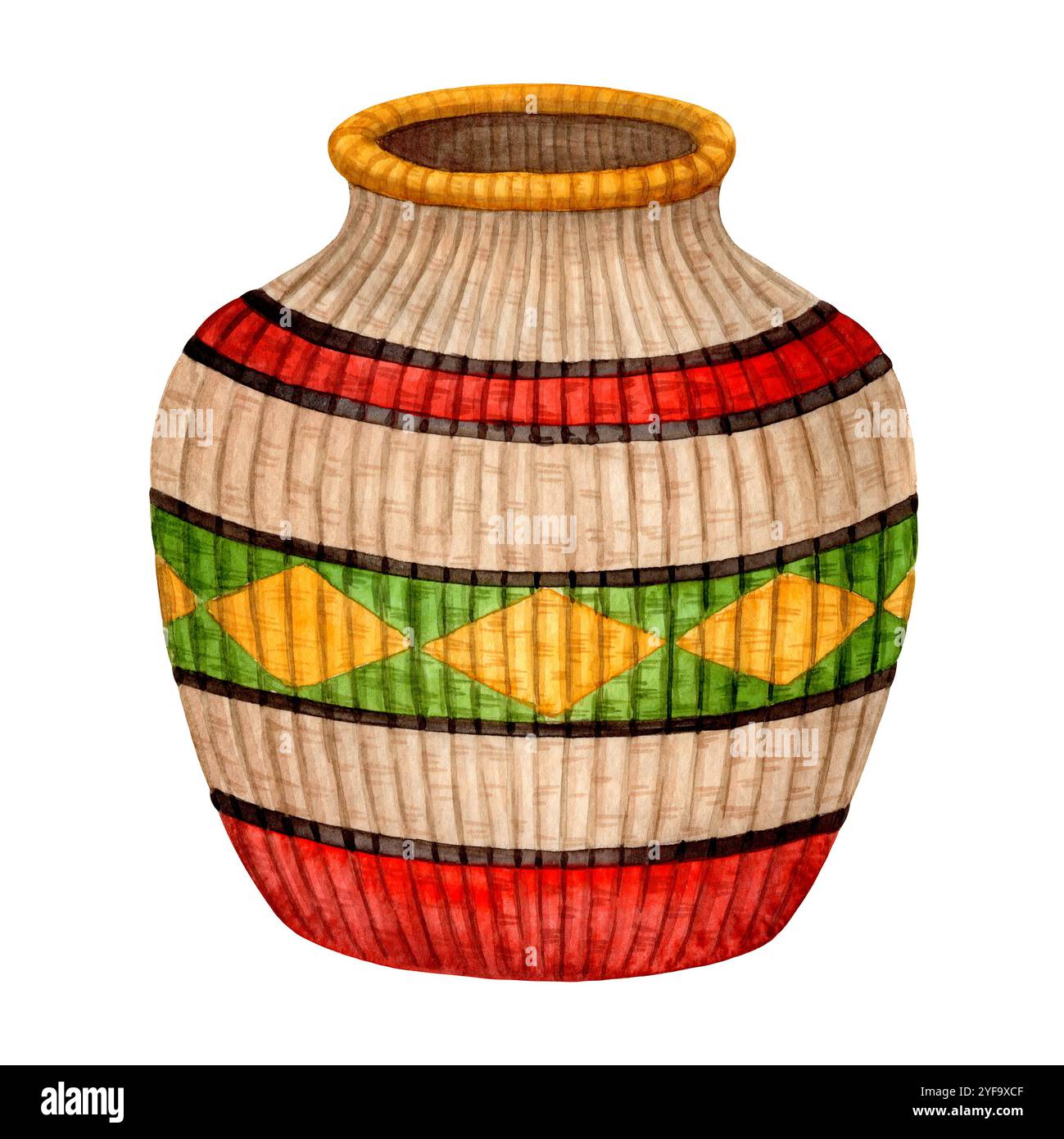 African hand woven jag with colorful ornament. Hand drawn watercolor ...