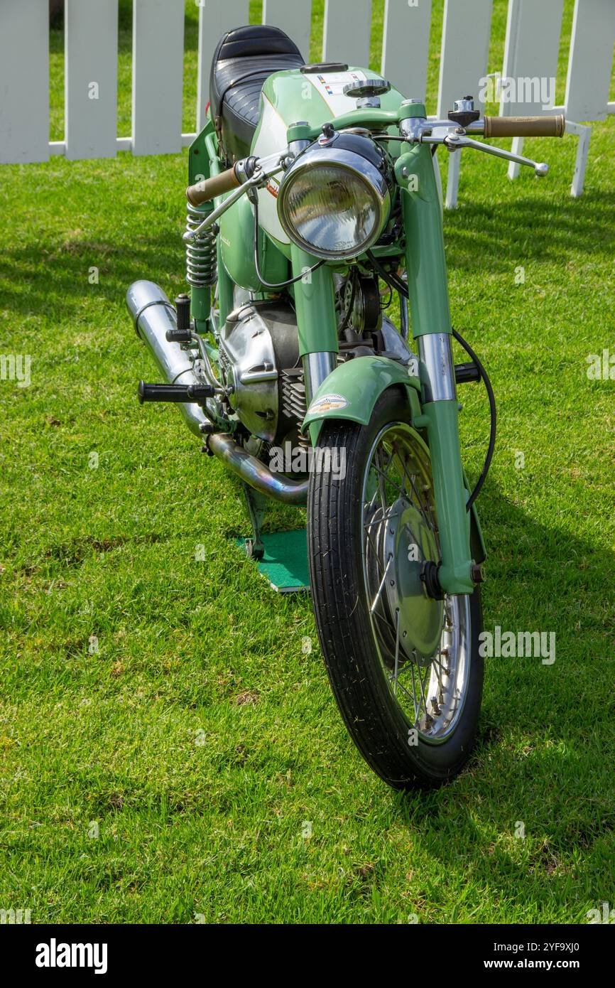 Classic green motorcycle gleaming on a vibrant green lawn, parked near ...