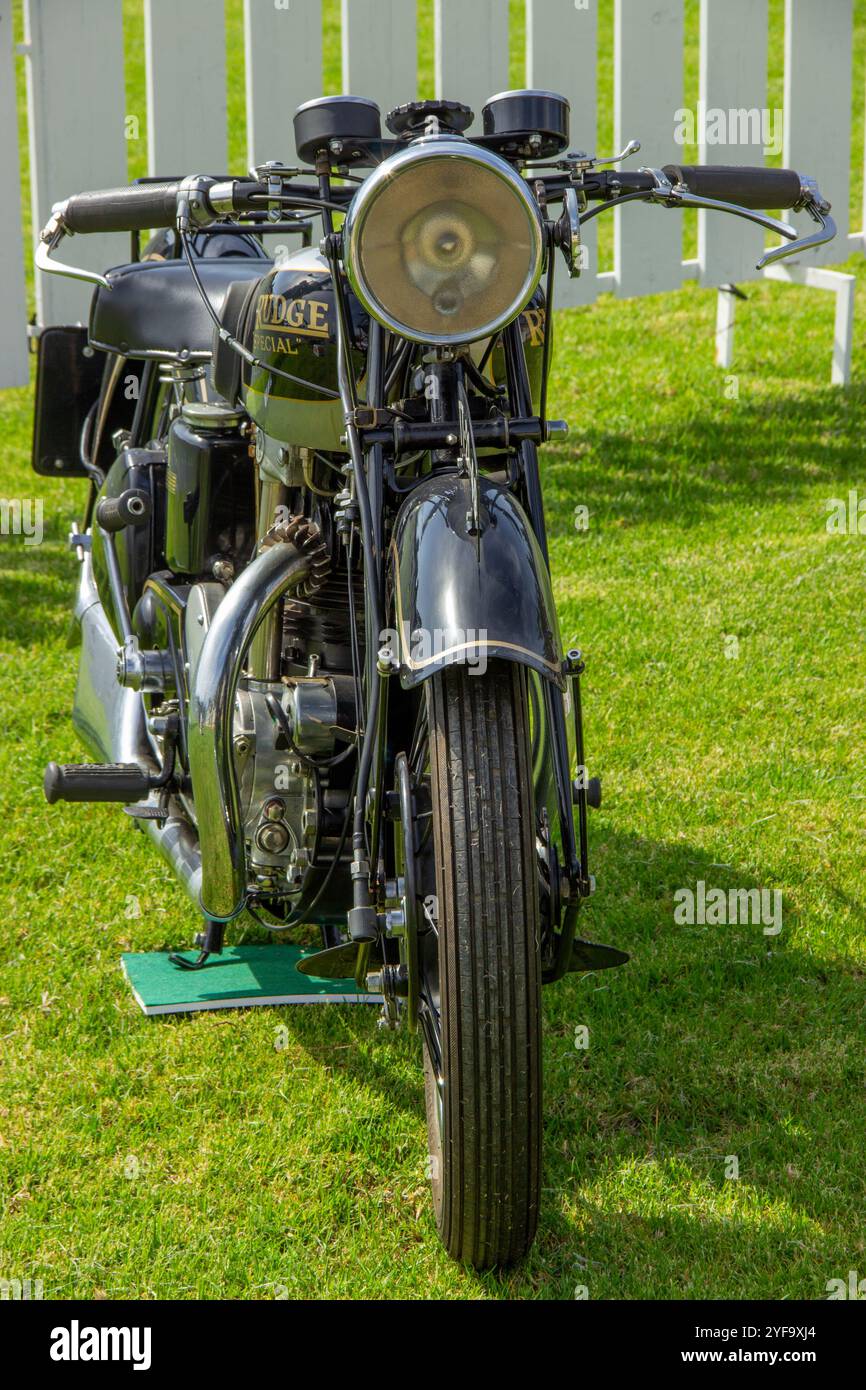 Front view of a classic rudge special motorcycle parked on a grassy ...