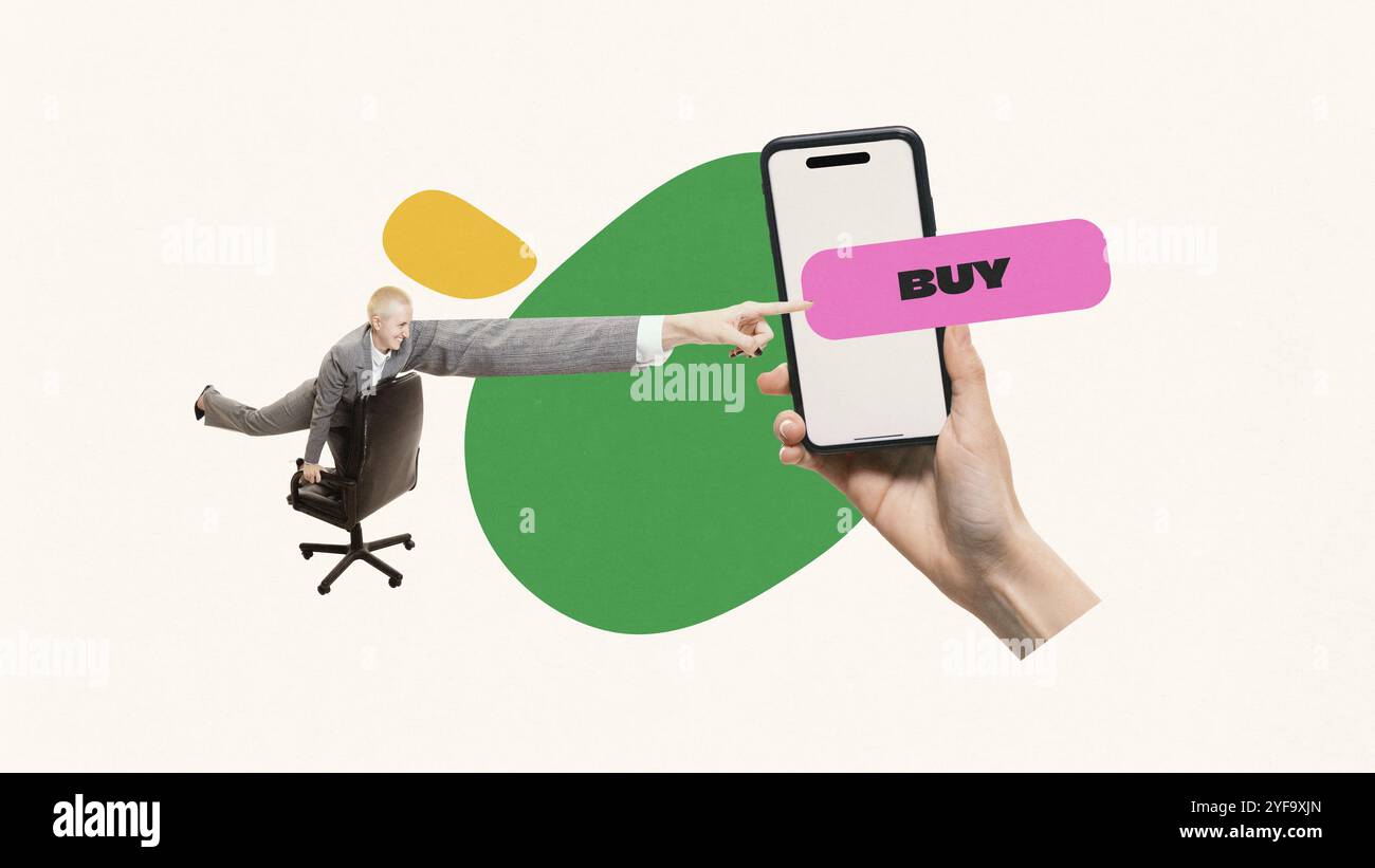 Contemporary art collage. Businessman in dynamic pose reaching towards ...