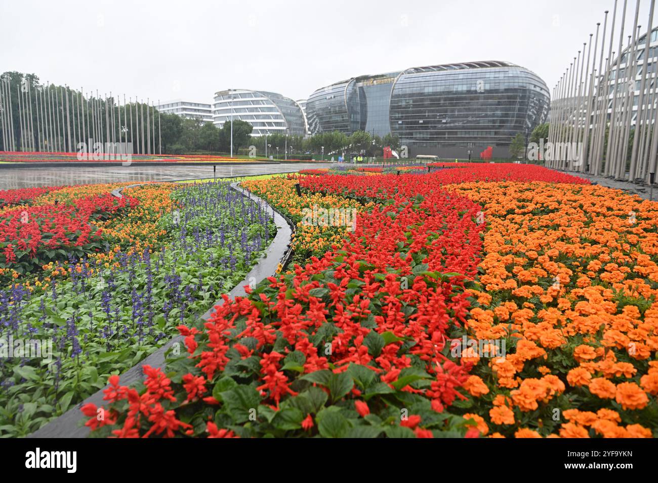 Bright-colored flowers beautify the south square of the National ...