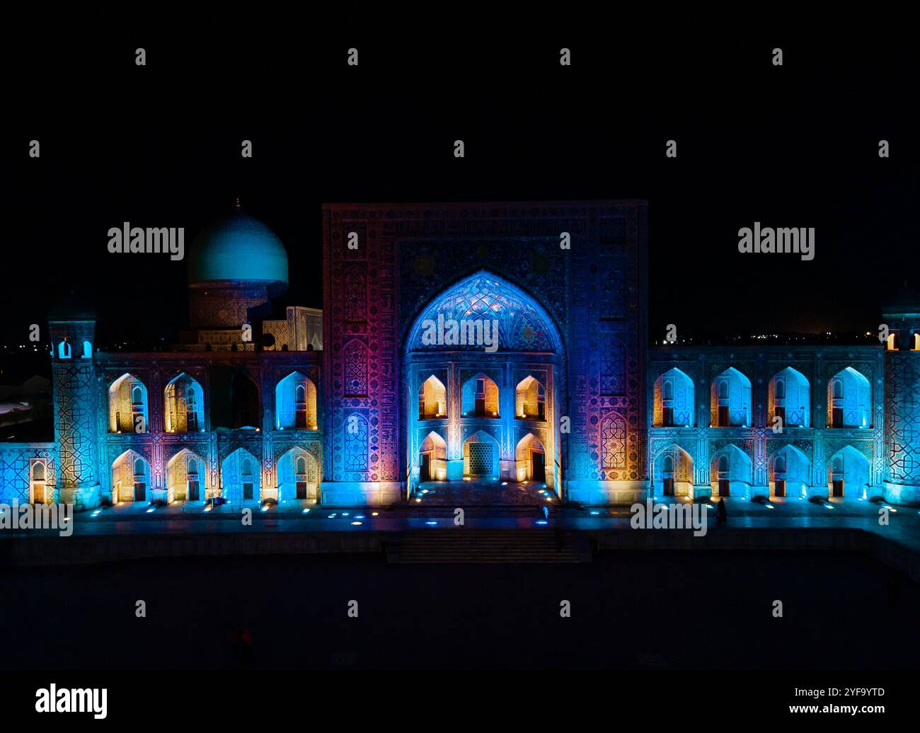 Samarkand, Uzbekistan aerial aero view of Colorful Registan square at ...