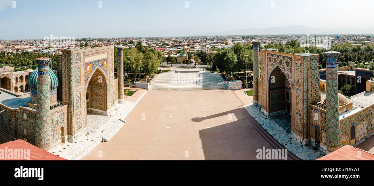 Samarkand, Uzbekistan aerial drone view of The Registan Square ...