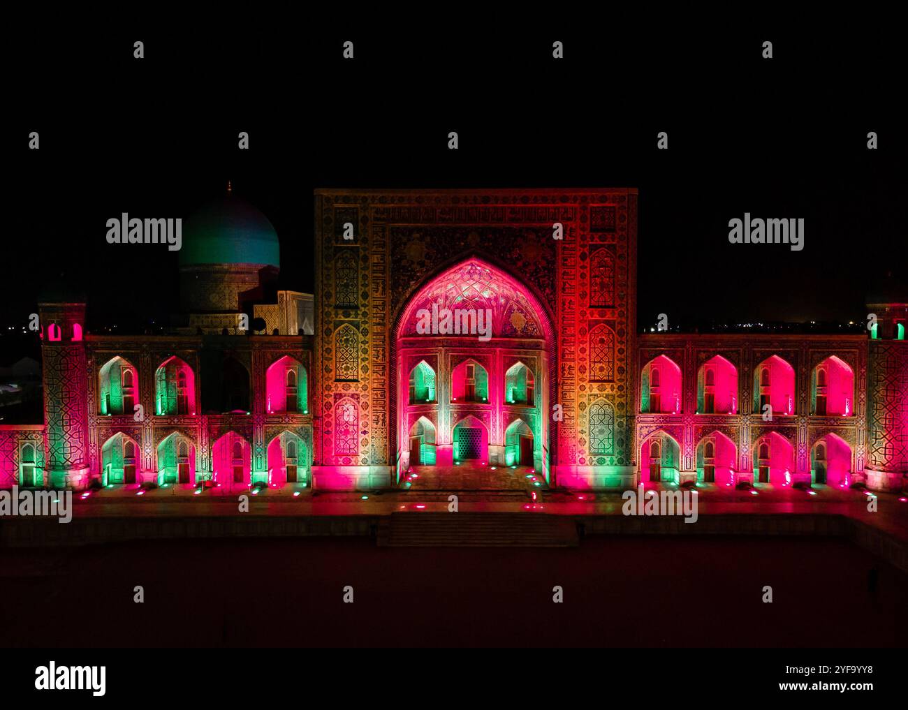 Samarkand, Uzbekistan aerial aero view of Colorful Registan square at ...