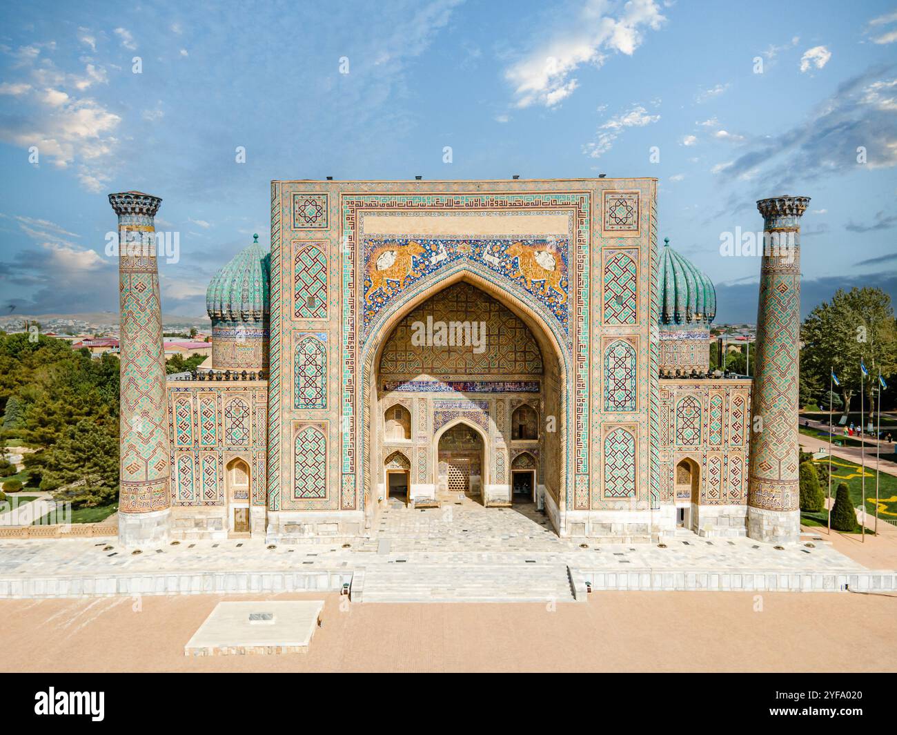 Samarkand, Uzbekistan aerial view of The Registan Square. Ulugh Beg ...