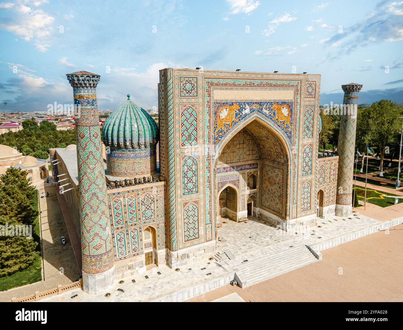 Samarkand, Uzbekistan aerial view of The Registan Square. Ulugh Beg ...