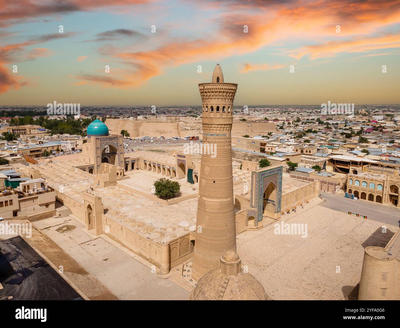 Bukhara, Uzbekistan Aerial view of Mir-i-Arab Madrasa Kalyan minaret and Poi Kalyan Mosque and ...