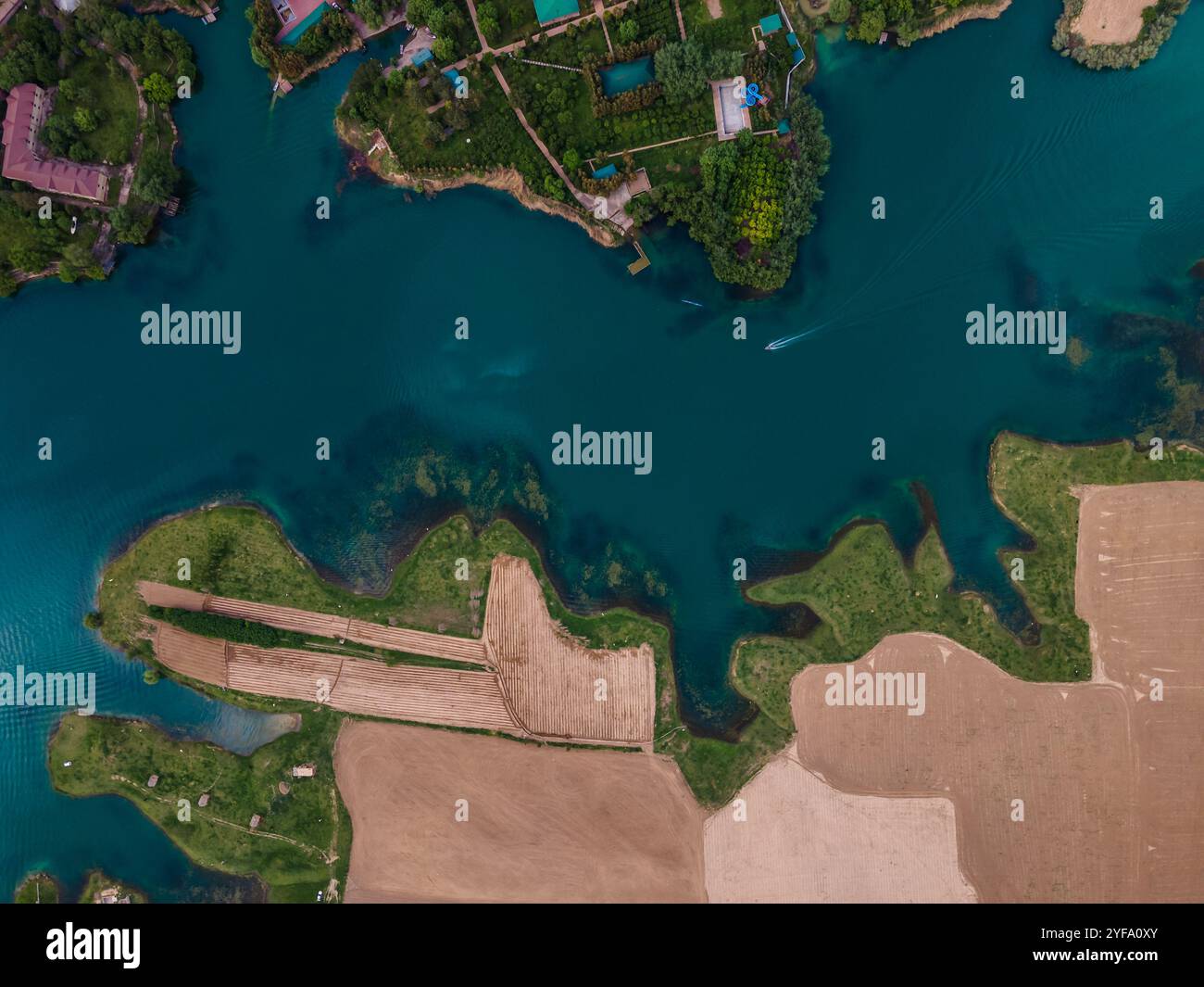 Aerial view of Uzbekistan nature, rivers, agricultural land near ...