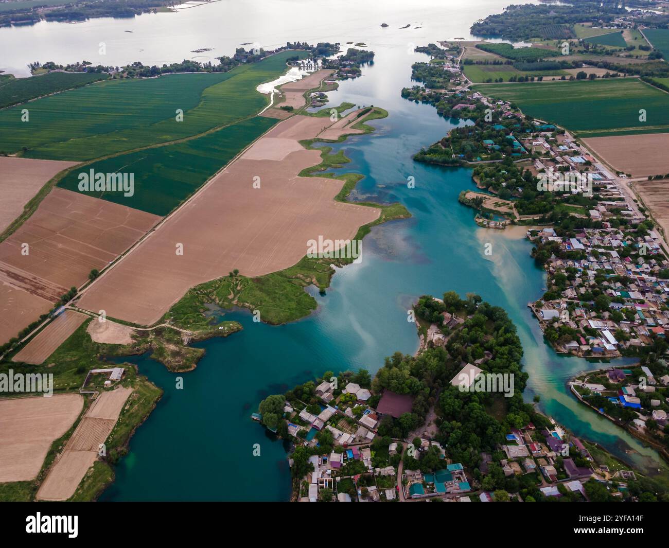 Aerial view of Uzbekistan nature, rivers, agricultural land near ...