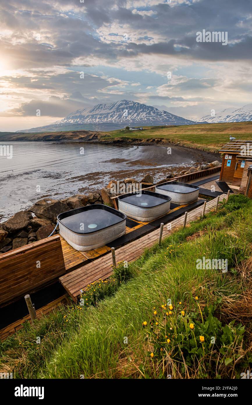 Hauganes Geothermal hot tubs with a view of Icelandic mountains and ...