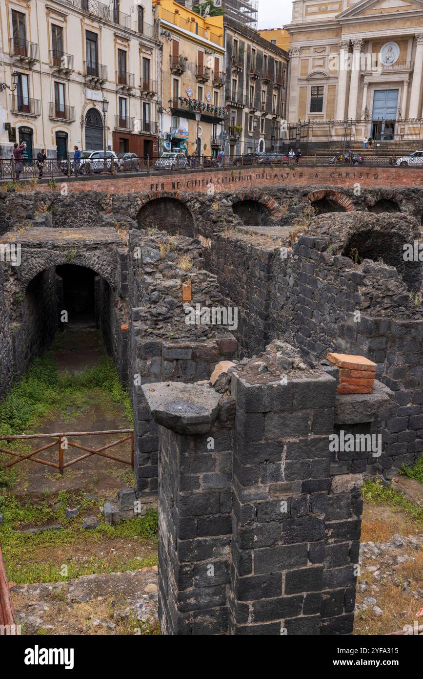 The lava stone blocks of the ancient Roman Amphitheatre ruins at ...