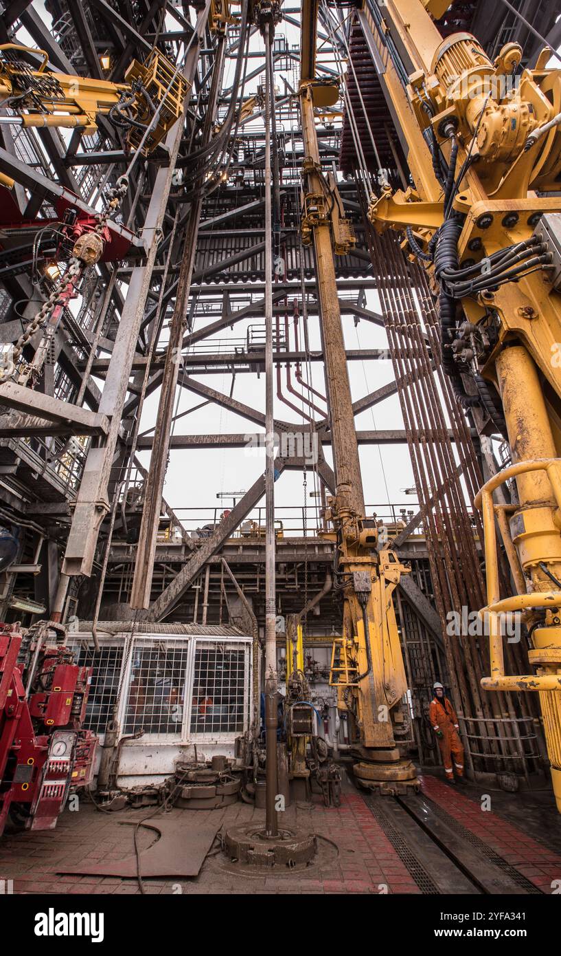 Looking up the derrick of a drilling rig in the north sea Stock Photo ...