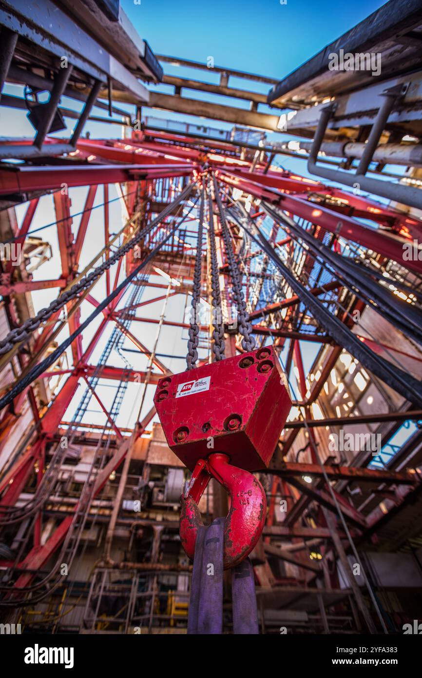 Looking up the derrick of an offshore oil rig Stock Photo - Alamy