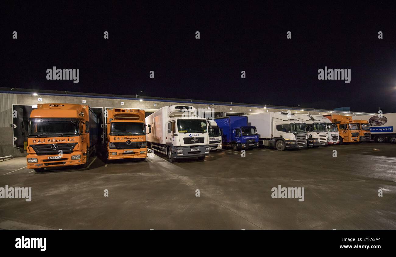 Peterhead Fishmarket, Scotland, with trucks and lorries outside loading ...