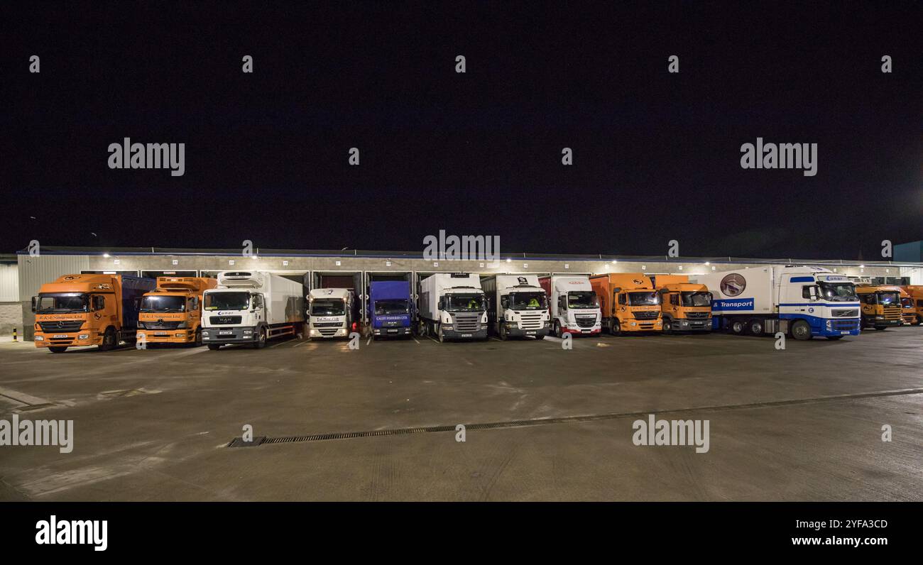 Peterhead Fishmarket, Scotland, with trucks and lorries outside loading ...