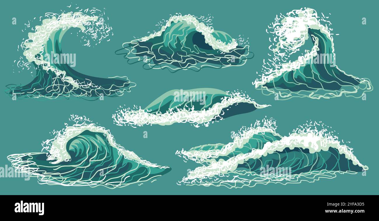 Sea wave. Ocean surf beach, vintage hand drawn water sketch, tidal ...