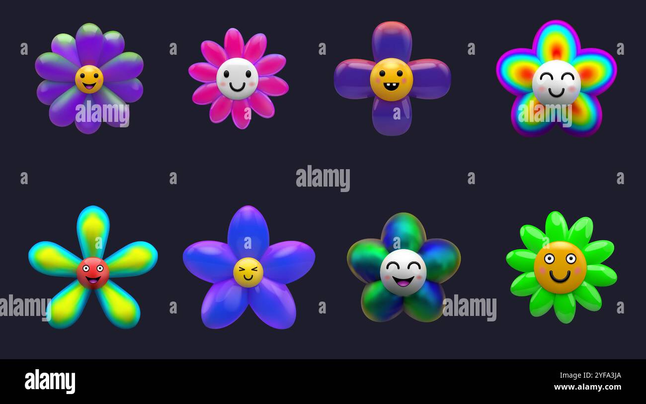 3d flowers. Cute y2k stickers, plastic smile elements. Playful pastel ...