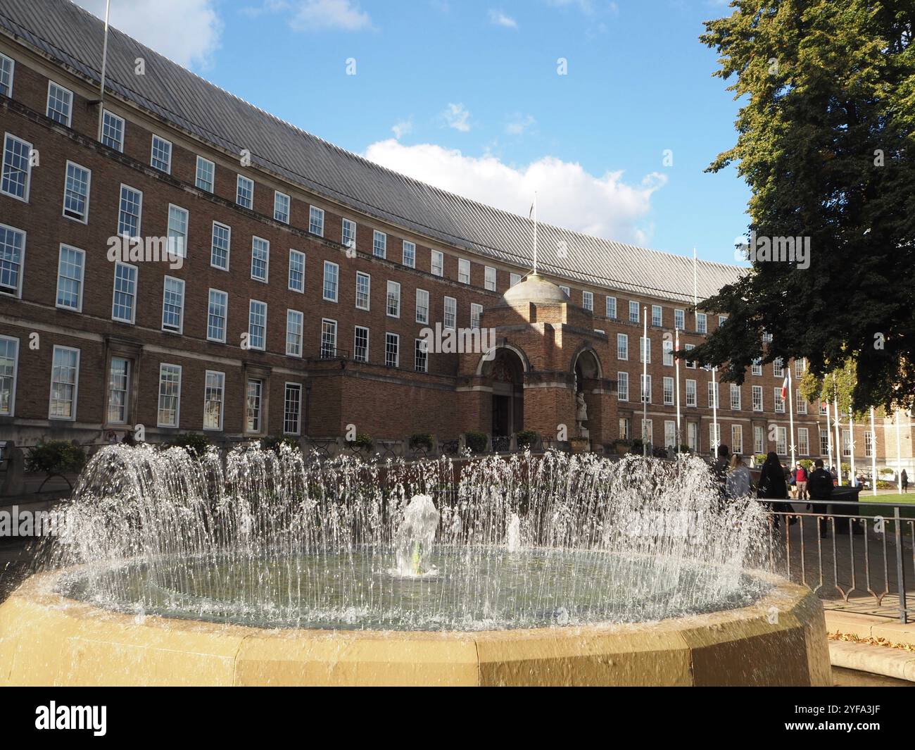 Circular fountain in front of crescent shaped brick built Bristol City ...
