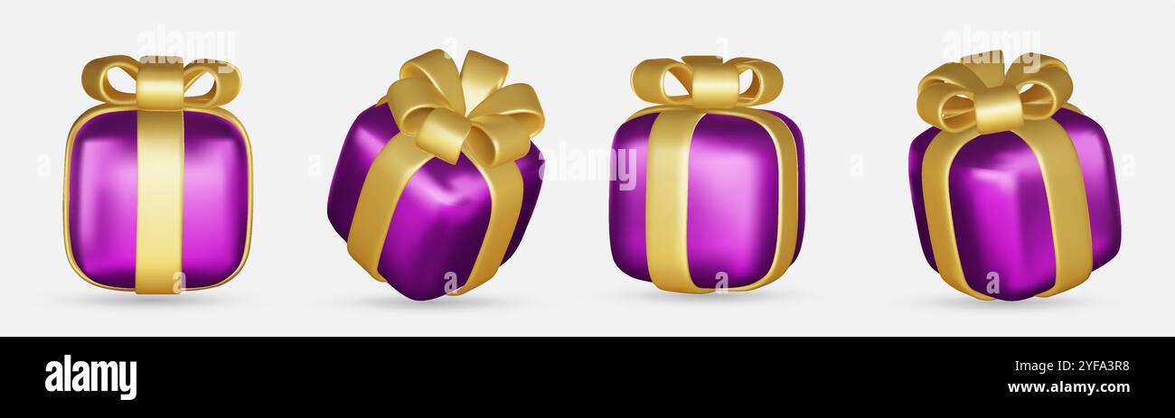 Set of realistic 3d render gift boxes. violet gift box with green bow ...